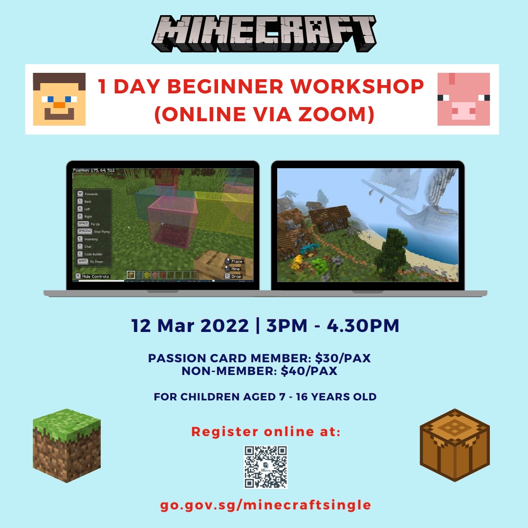 Minecraft coding 1-day beginner workshop for aged seven to 16 years old ...